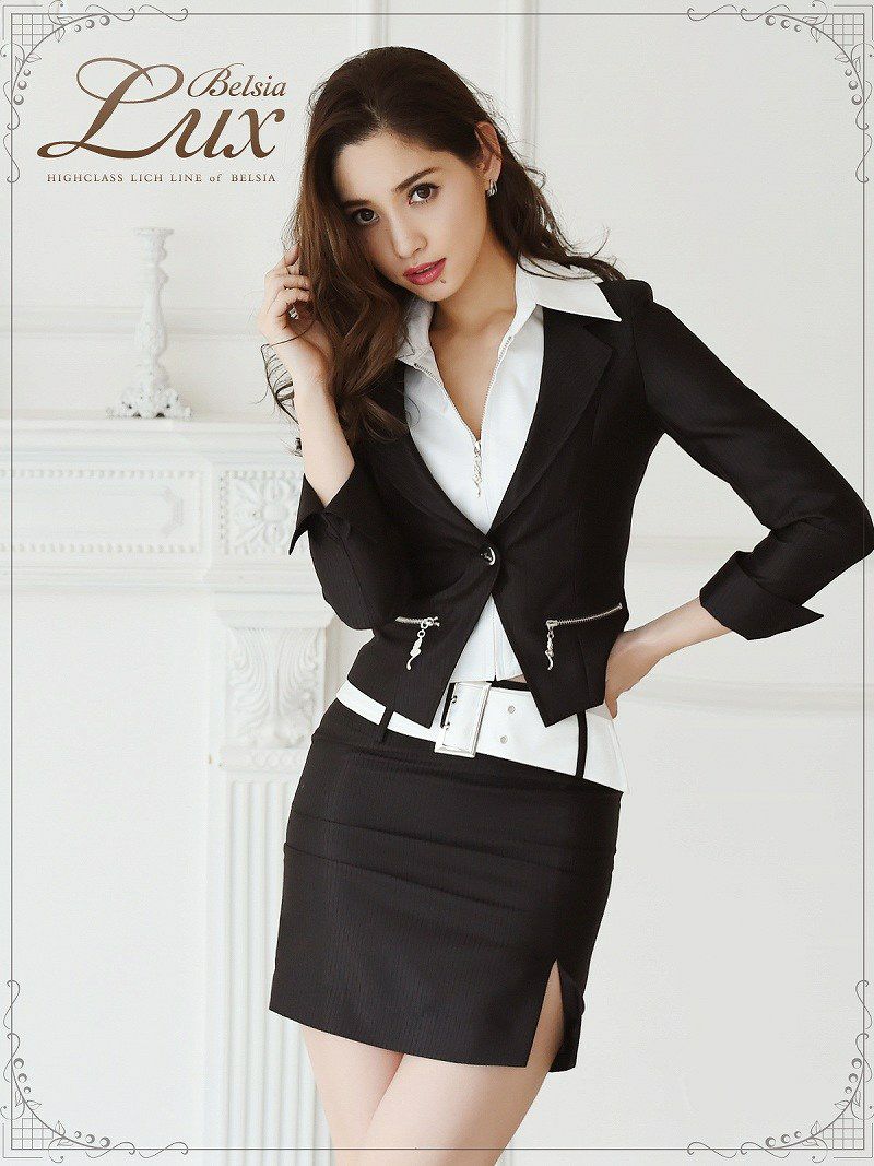 【BelsiaLux】2way取り外しok!フェイクシャツ付バイカラーキャバスーツ 3pシャドウストライプ柄ミニ丈キャバスーツ【ベルシアリュクス】 | Rew-You(リューユ)