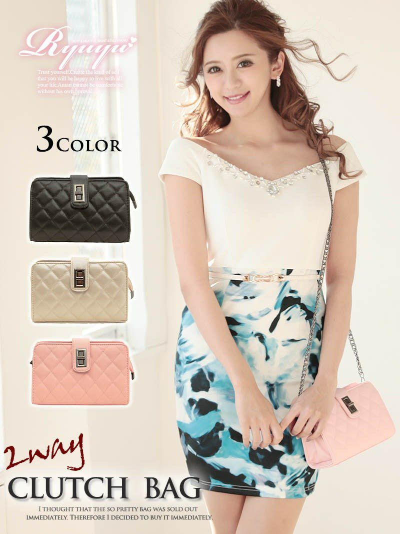 2WAYキルティング加工クラッチバッグ【Ryuyu】(フリーサイズ)(ブラック/ホワイト/ピンク)