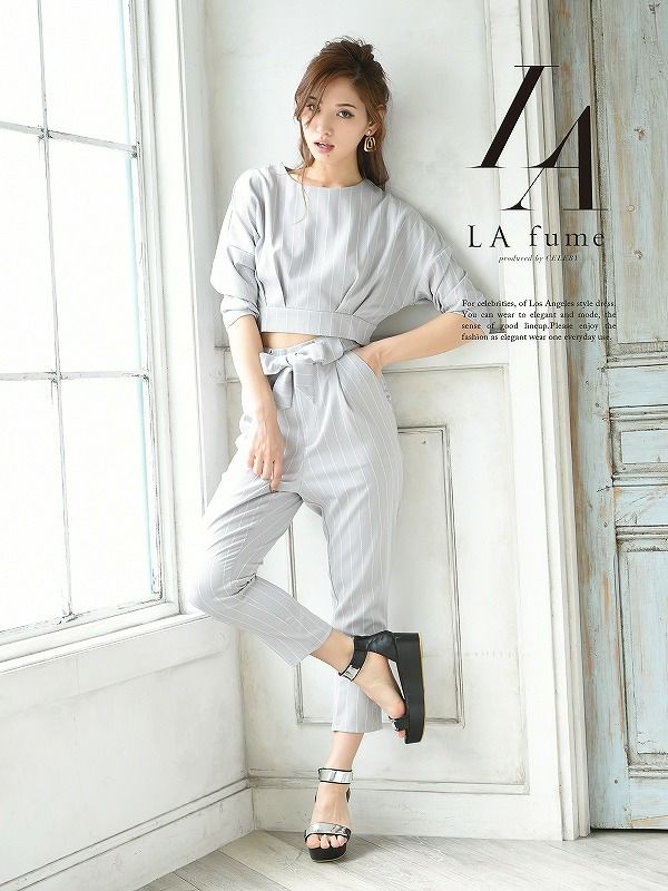 ストライプ柄2p七分袖クロップドパンツセットアップ【LAfume】