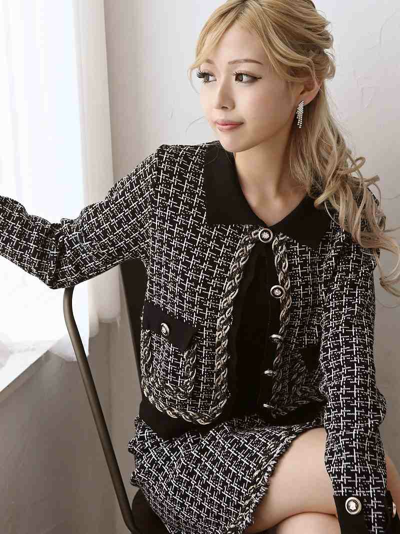 チェーンパイピングニットレディーススーツ ゆずは 着用 キャバスーツ【Ryuyu】(M)(ブラック)