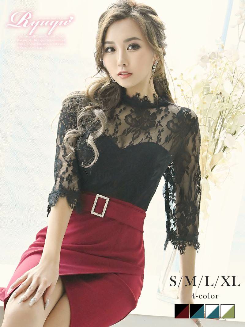 キャバドレスビスチェデザインブラックレース袖付きキャバクラドレスミニドレス【Ryuyu】(S/M/L/XL)(ワイン/ターコイズA/オリーブ/ターコイズB)