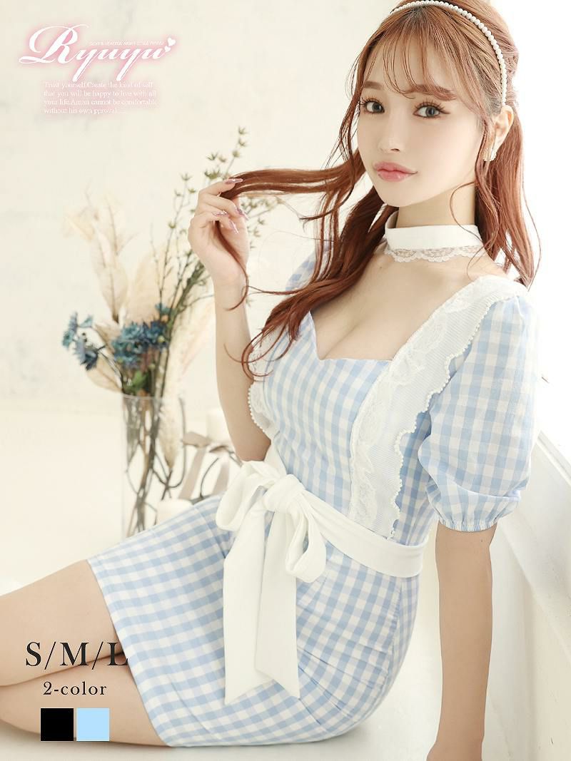 ギンガムチェック柄袖付き谷間魅せキャバクラドレス ミニドレス【Ryuyu】(S/M/L)(ブラック/ブルー)