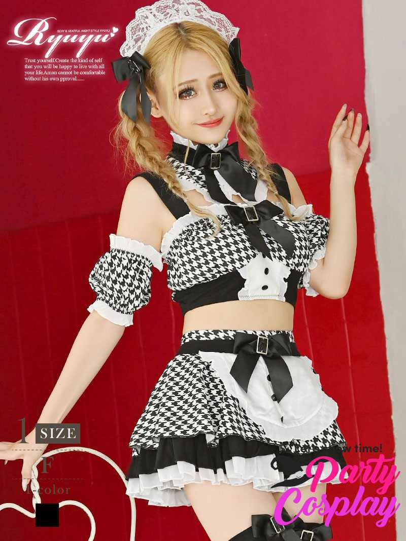 【即納】千鳥柄デザインミニ丈メイドギャルコスプレ7点セット あいみん 着用 レディースコスプレ【Ryuyu/リューユ】(フリーサイズ)(ブラック) | Rew-You(リューユ)