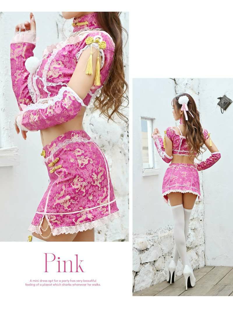 セットアップデザインセクシーチャイナコスプレ6点セット【Ryuyu/リューユ】(フリーサイズ)(レッド/ブルー/ピンク)