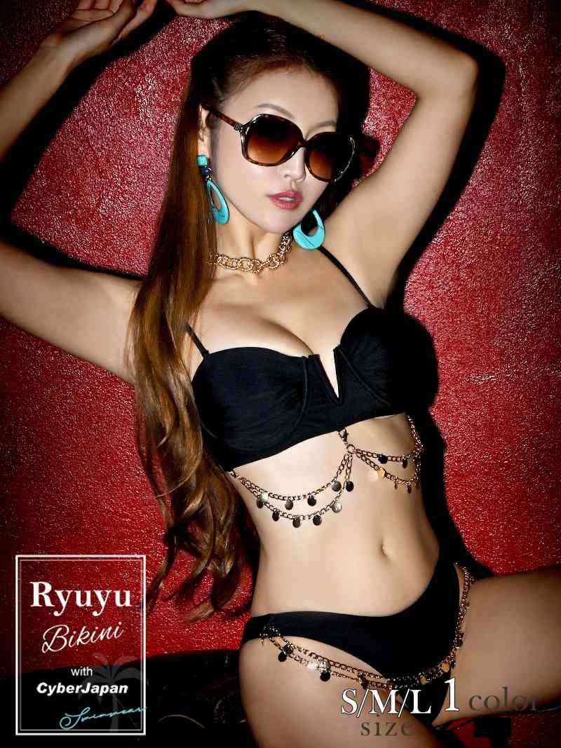 【即納】ブラックバンドゥチェーン付き2wayインポートレディース水着【Ryuyu/リューユ】(S/M/L)(ブラック)