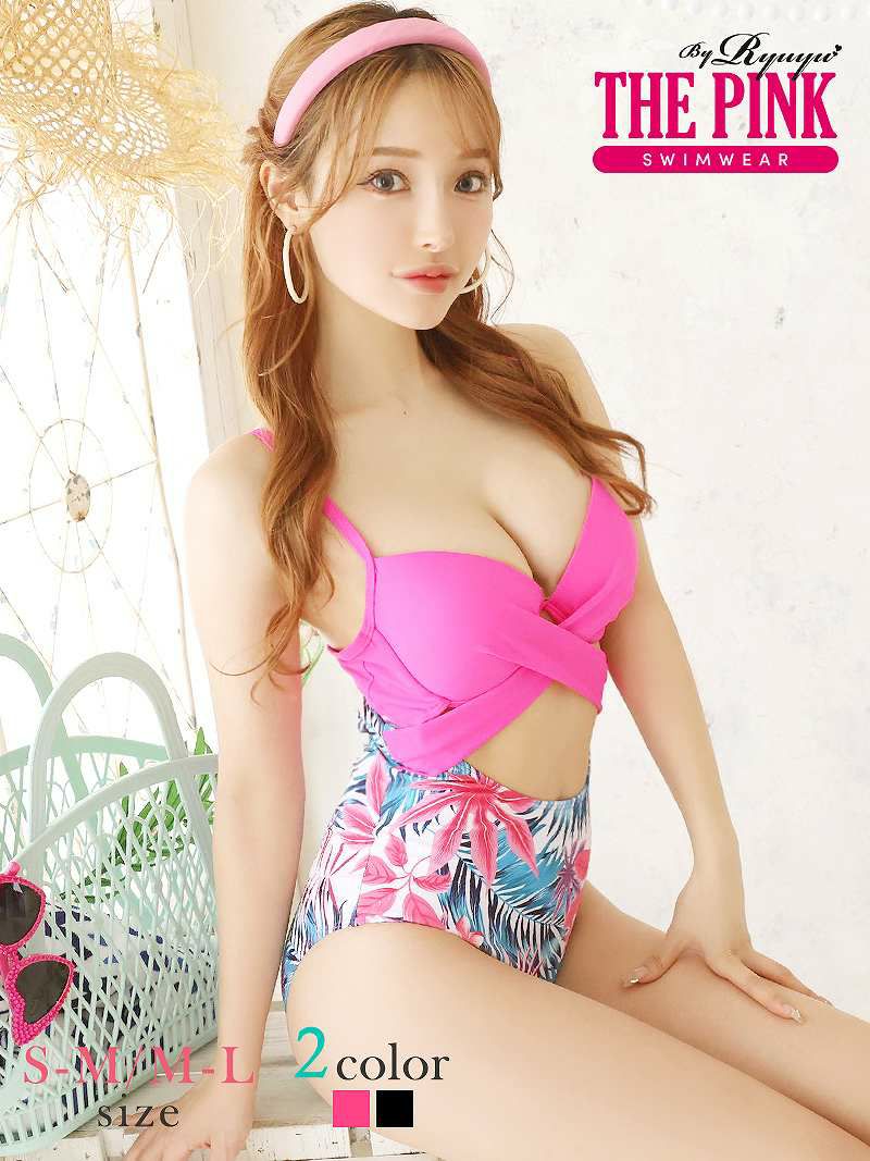 水着SALE￥4680→￥3276！ 水着 ボタニカル柄ハイウエストモノキニ【Ryuyu】(S-M/M-L)(ブラック/ピンク)