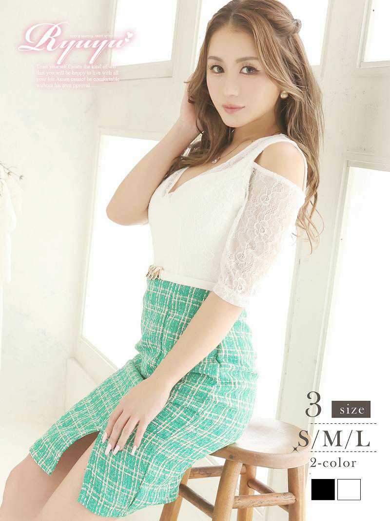 レース×チェック柄の高見えキャバドレス れいたぴ 着用ミニドレス【Ryuyu】(S/M/L)(ブラック/ホワイト)