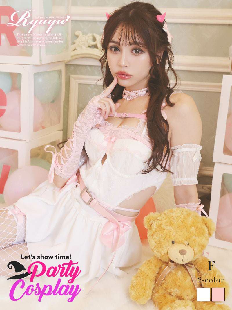 コスプレ ランジェリーセクシーデビルコスプレ ゆずは れいぽよ 着用 ハロウィンコスプレ6点セット【Ryuyu】(フリーサイズ)(ホワイトピンク/ピンクブラック)