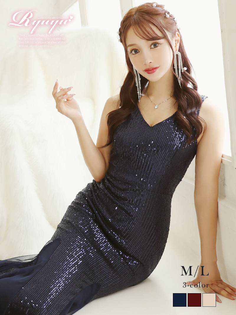 夏SALE￥8481→￥7632！ 煌きスパンコールチュールタイトロングドレス【Ryuyu】(M/L)(ワイン/ネイビー/ピンクゴールド)