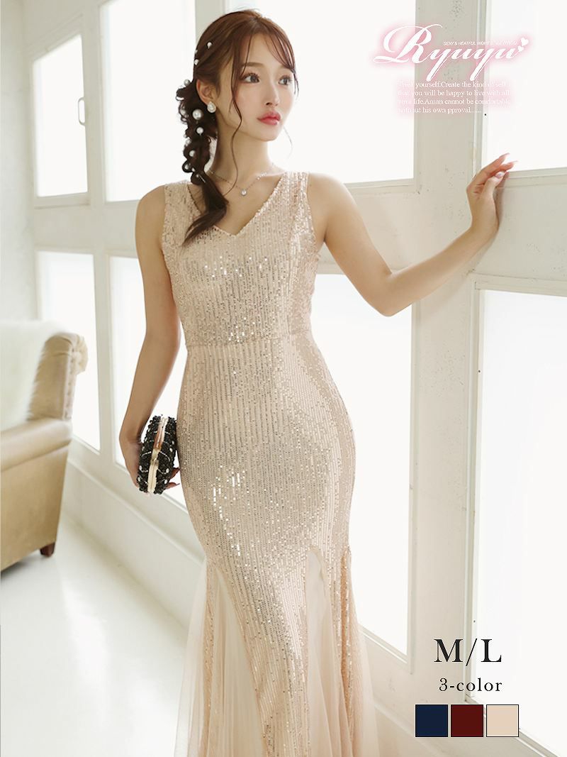 夏SALE￥8481→￥7632！ 豪華スパンコールマーメイドラインロングドレス【Ryuyu】(M/L)(ワイン/ネイビー/ピンクゴールド)