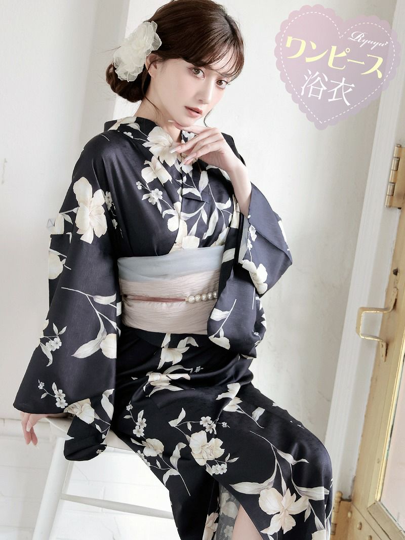 ネイビーフラワー2WAYワンピース浴衣 加賀美早紀 着用 大人浴衣【Ryuyu】(フリーサイズ)(ネイビー)