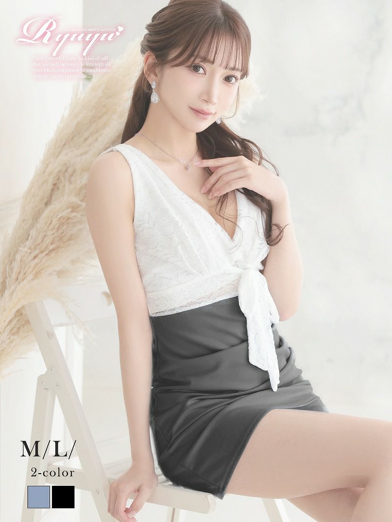 透けレース切り替えバイカラーミニドレス【Ryuyu】(M/L)(ブルー/ブラック)